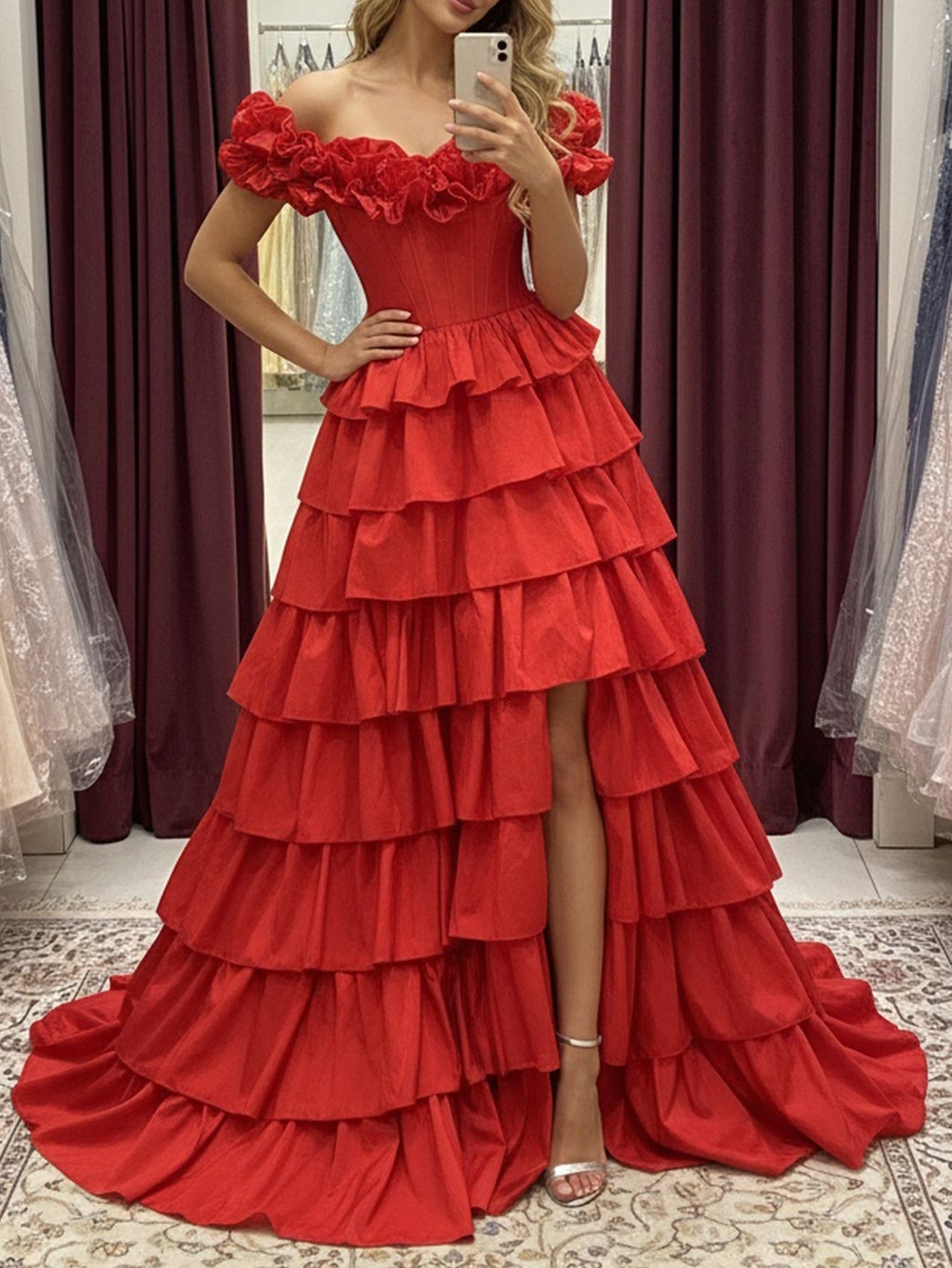 Off Shoulder Bodice Tiered Layered Ball Gown Prom Dress With Slit - Re