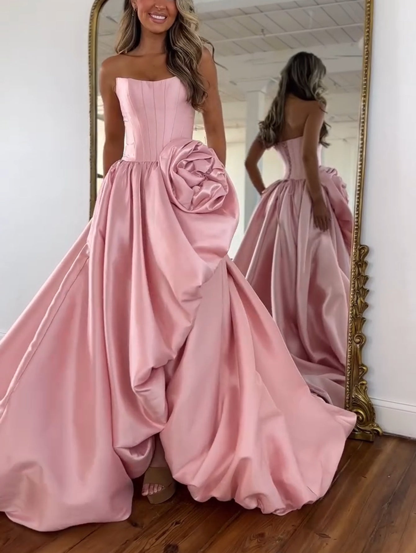 Derachable Hand Made Flower Bodice Ball Gown Prom Dress - Pink