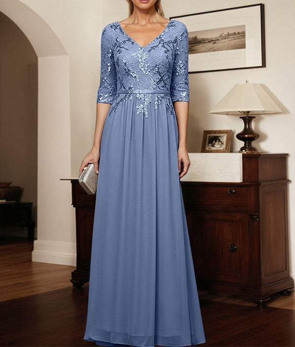 Sparkly Slate Blue A Line V-Neck Chiffon Mother Of The Bride Dress Wit