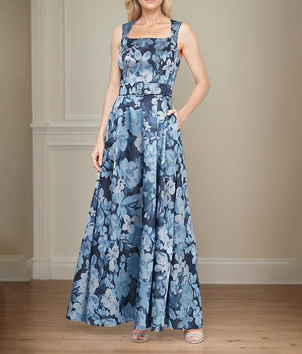 A-Line Square Neckline and Structured Belt Satin Floral Mother of the