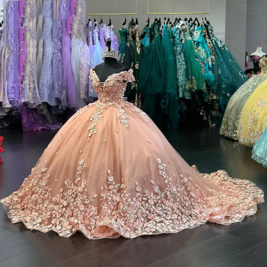 Ball Gown Off Shoulder 3D Flower Appliques Sweep Train Pink Tulle Prin