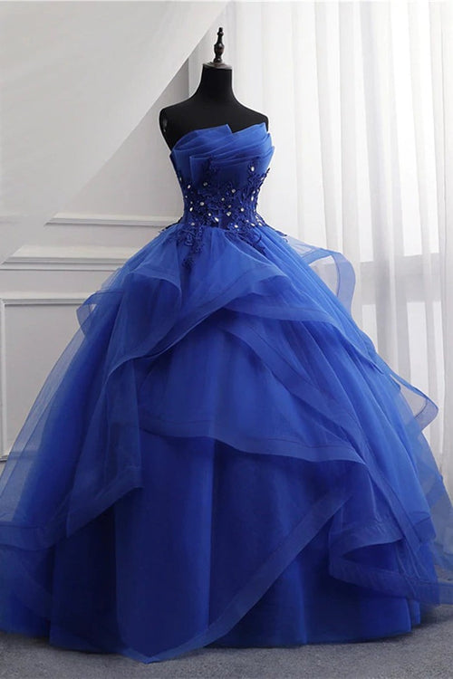 Asymmetrical Royal Blue Graduation Dresses Strapless Ball Gown