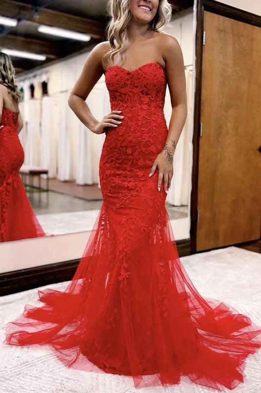 Mermaid Sweetheart Lace Appliques Tulle Prom Dress