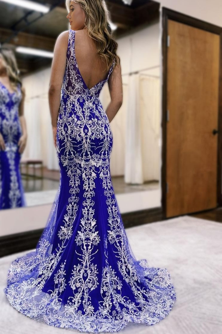 Gorgeous Royal Blue Mermaid Lace Appliques Long Prom Dress
