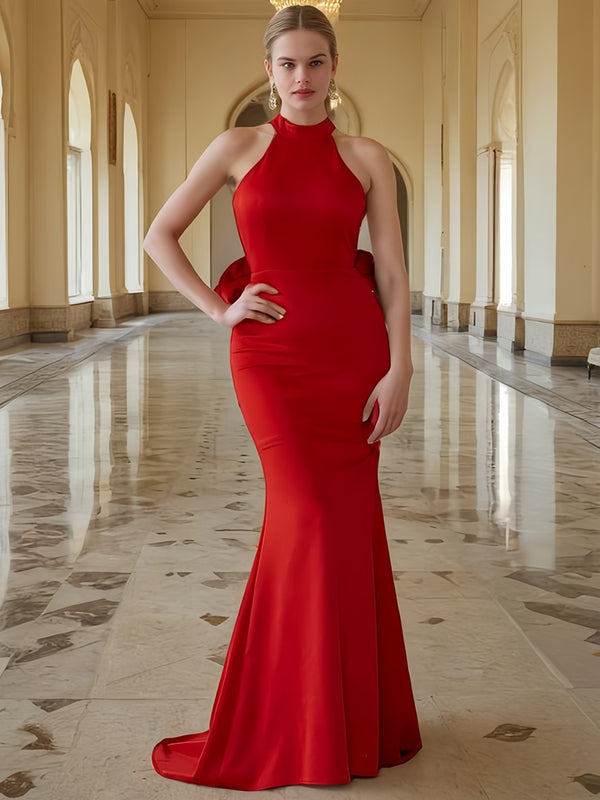 Halter Sleeveless Long Red Prom Dress with 3D Rose Appliques