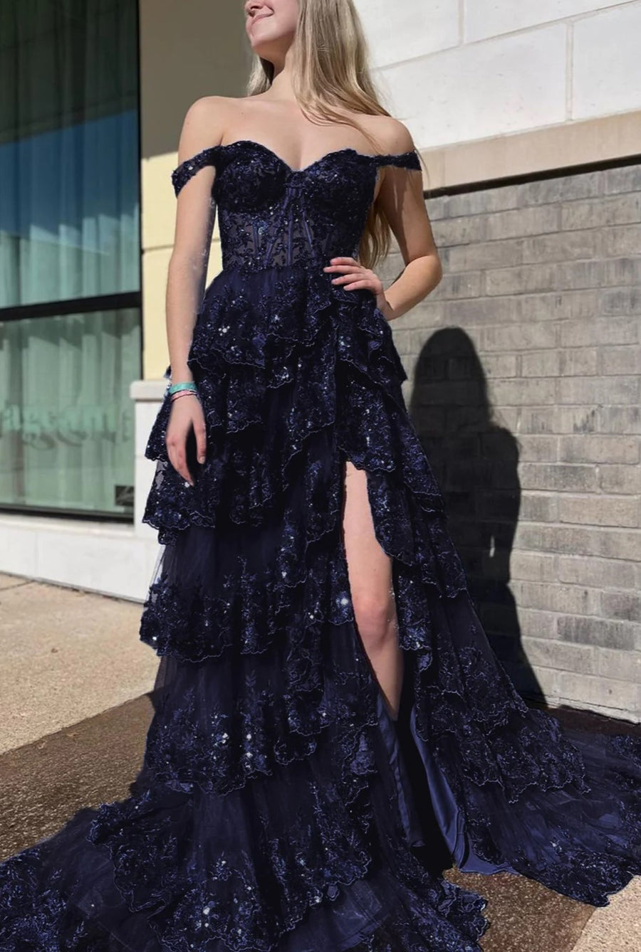 Off the Shoulder Tiered Prom Dress Sparkly Lace Appliques Evening Part
