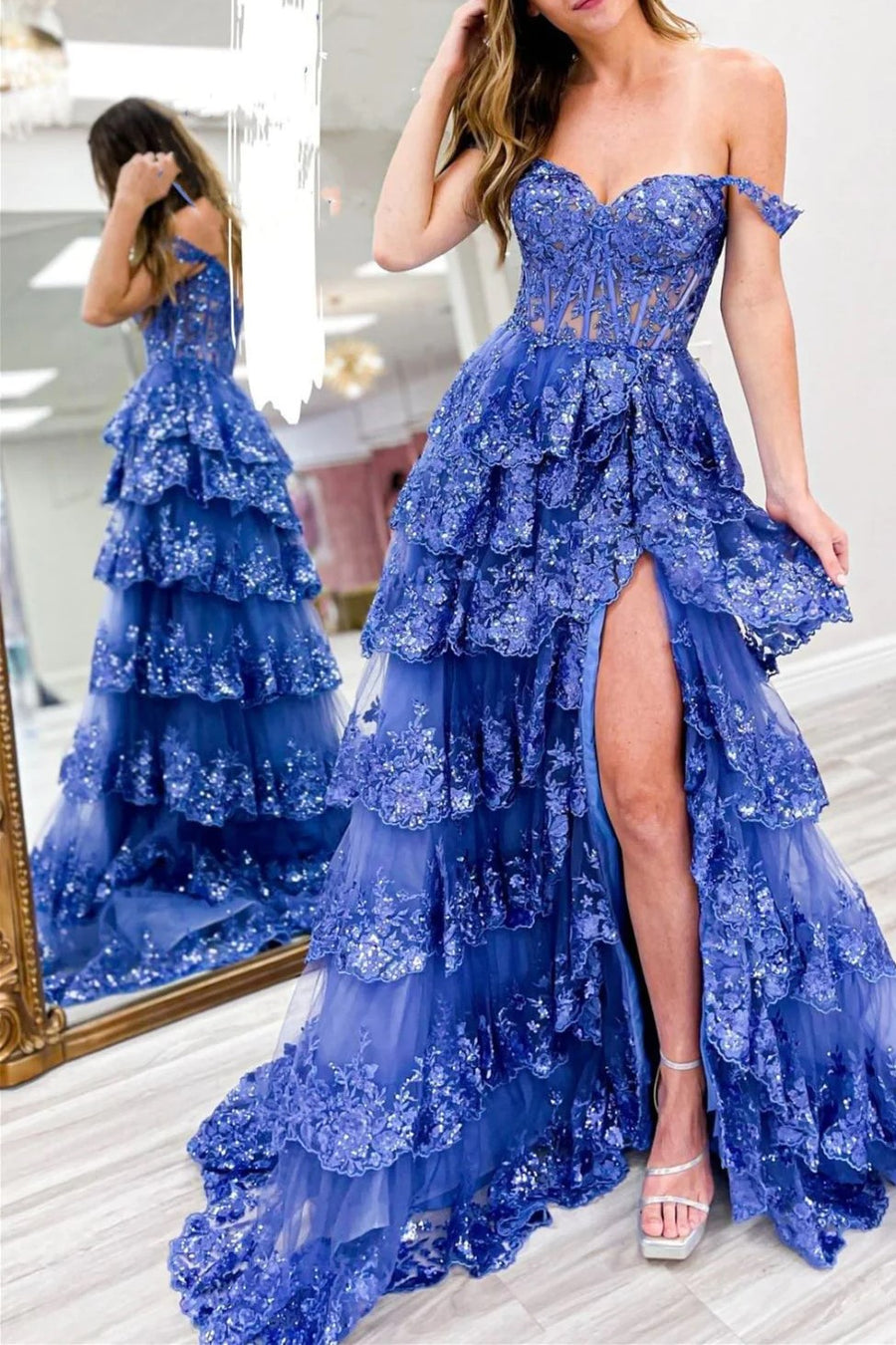 Off the Shoulder Tiered Prom Dress Sparkly Lace Appliques Evening Part