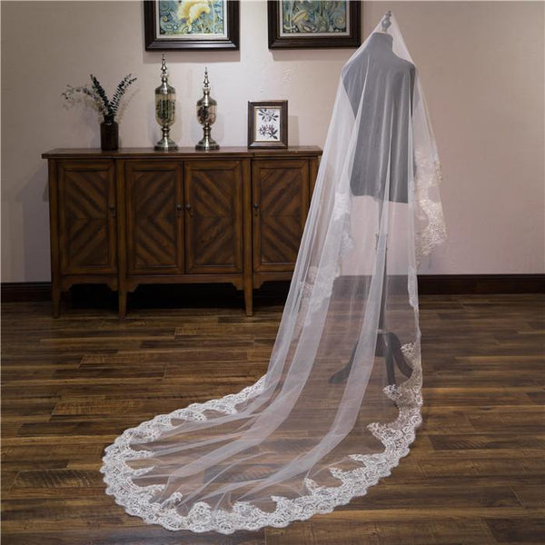 One-Tier Tulle Lace Edge Chapel Veils Appliques Wedding Veil