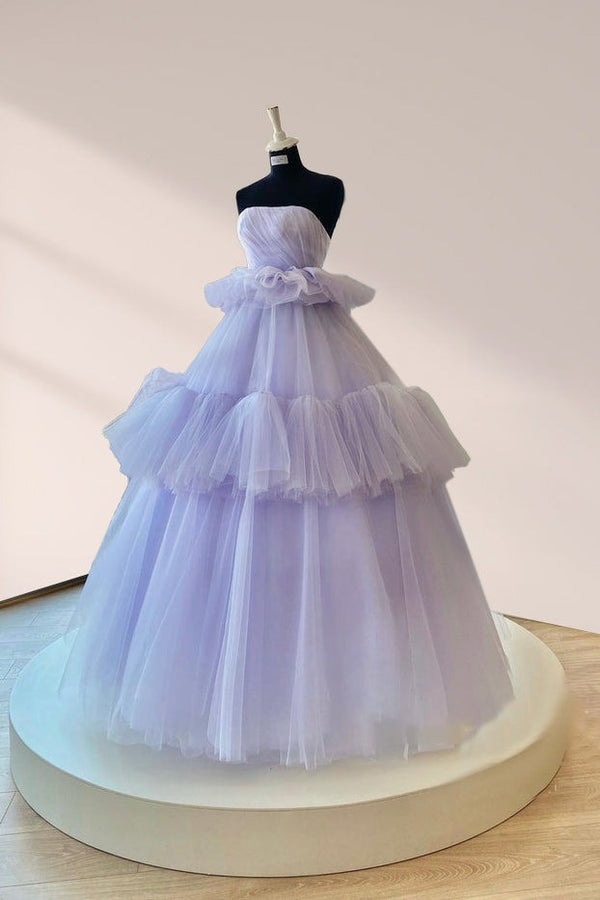 Princess Lilac Strapless Prom Dress Pleated Tiered Ball Gown