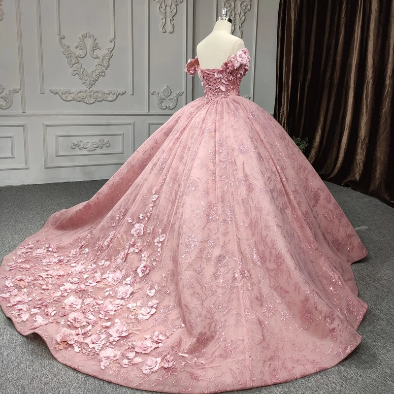 Princess Pink Sleeveless Prom Dresses Sweetheart Ball Gown with Appliq