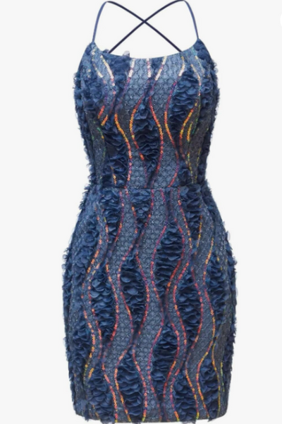 Sequins Sheath Dark Navy Backless Homecoming Dress