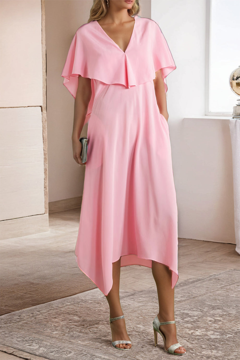 Short Sleeve Chiffon V Neck Candy Pink Tea Length Wedding Party Dress