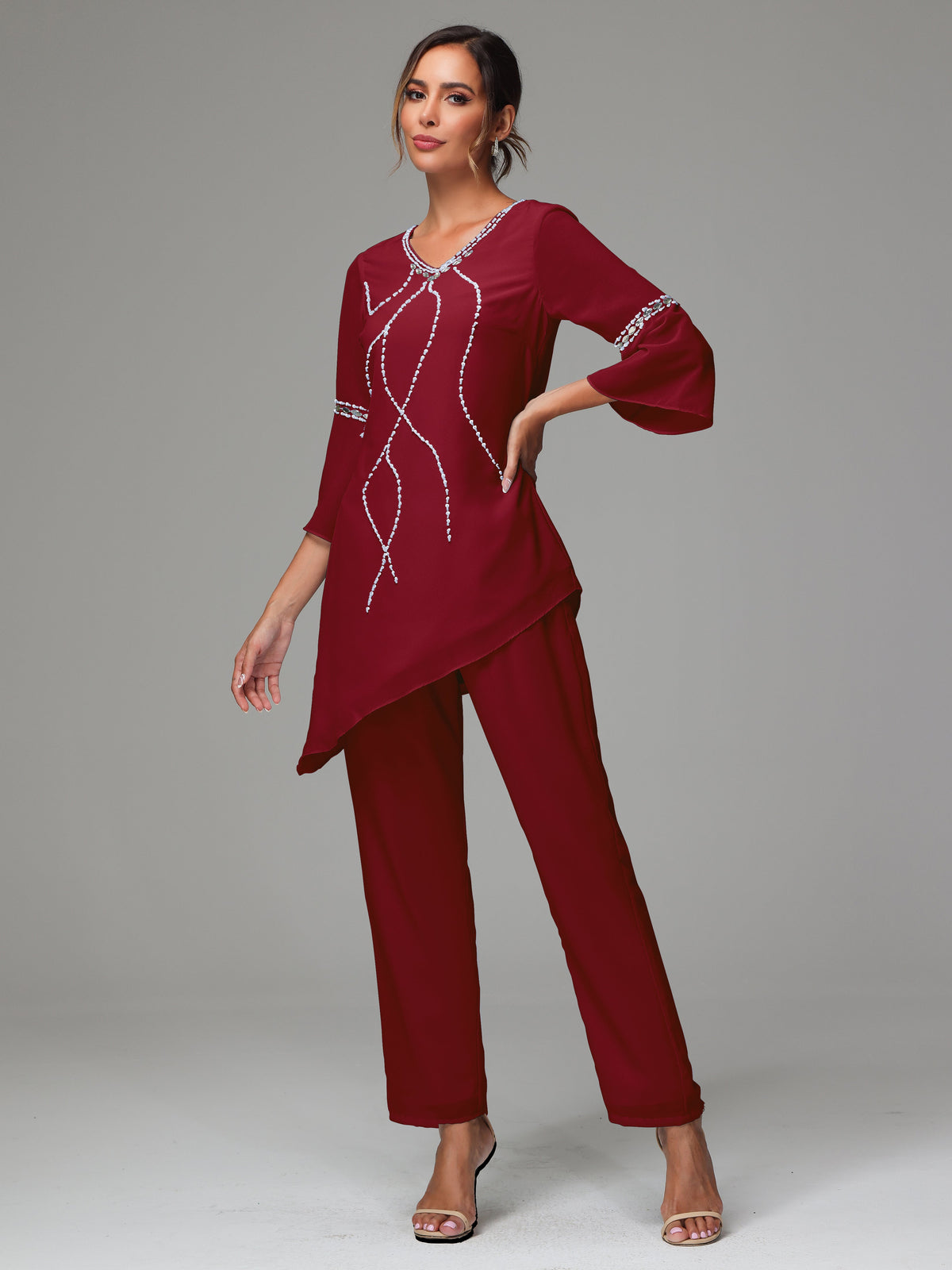 2 Pieces Chiffon Mother Of The Bride Dress Pants Suits