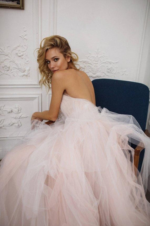 Gorgeous Sweetheart Backless A Line Strapless Tulle Sweep Train Weddin