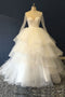Organza Long Sleeves Multi-layer Ball Gown,White Scoop Beaded Wedding
