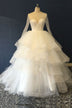 Organza Long Sleeves Multi-layer Ball Gown,White Scoop Beaded Wedding