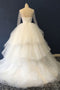 Organza Long Sleeves Multi-layer Ball Gown,White Scoop Beaded Wedding
