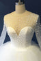 Organza Long Sleeves Multi-layer Ball Gown,White Scoop Beaded Wedding