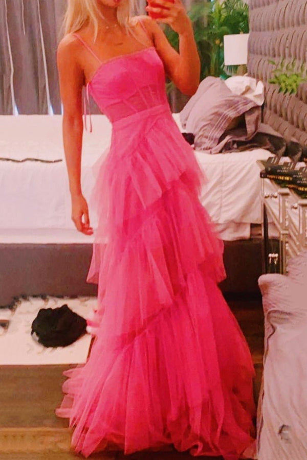 Fashion Hot Pink Layered Ruffles Evening Gown A Line Tulle Long Prom D