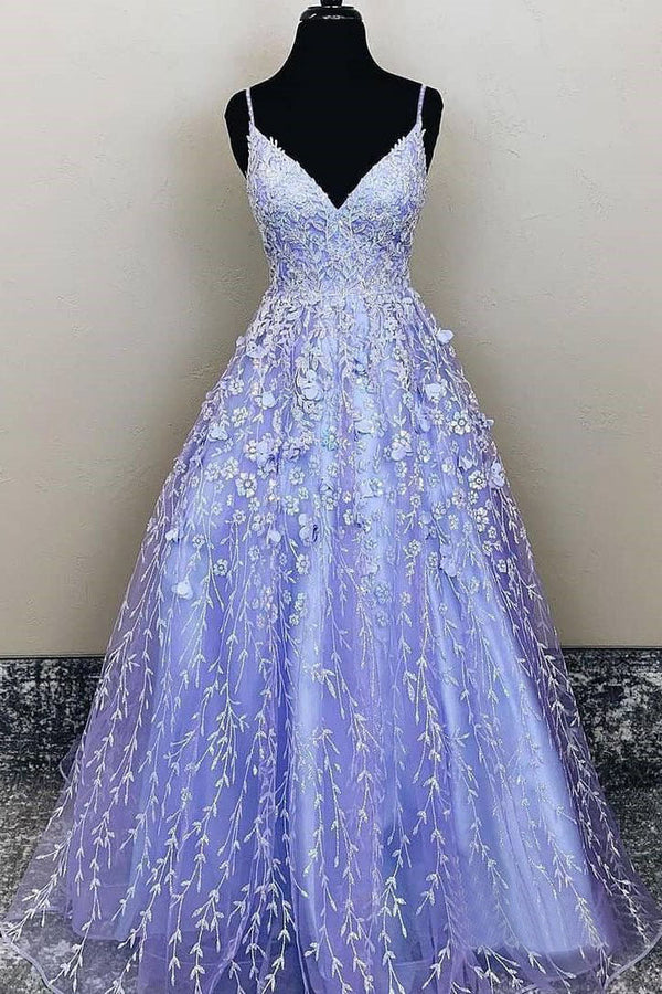 Lavender Spaghetti Straps Lace Floral A-line Formal Gowns Long Prom Dr