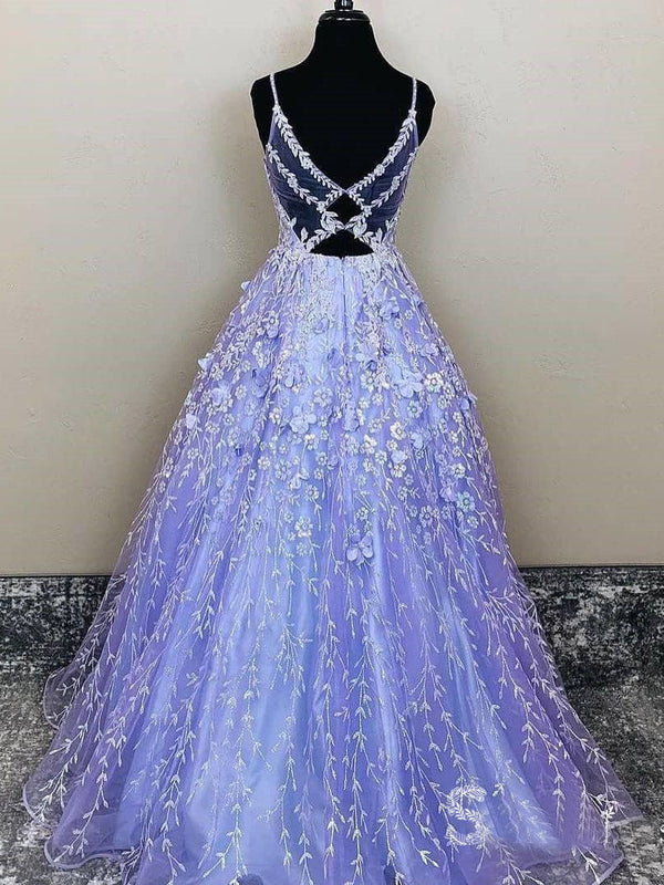 Lavender Spaghetti Straps Lace Floral A-line Formal Gowns Long Prom Dr
