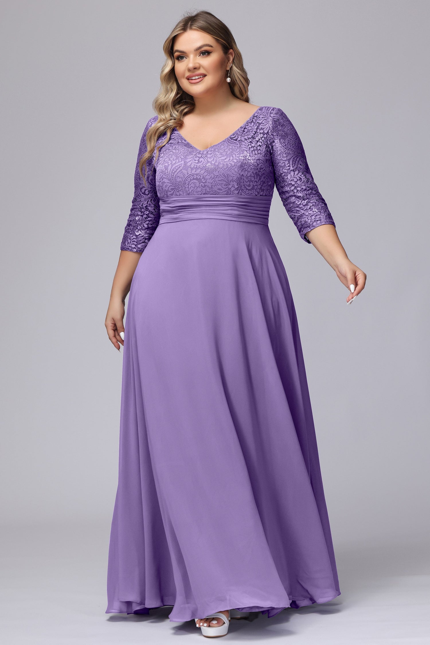 A-line V-Neck 3/4 Sleeves Lace Chiffon Plus Size Bridesmaid Dresses