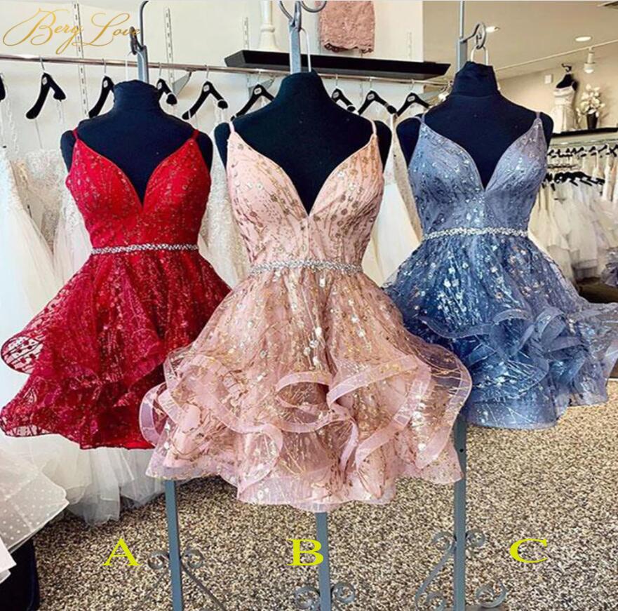 Pink A Line Unique Sparkly V Neck Mini Homecoming Dresses Puffy Short